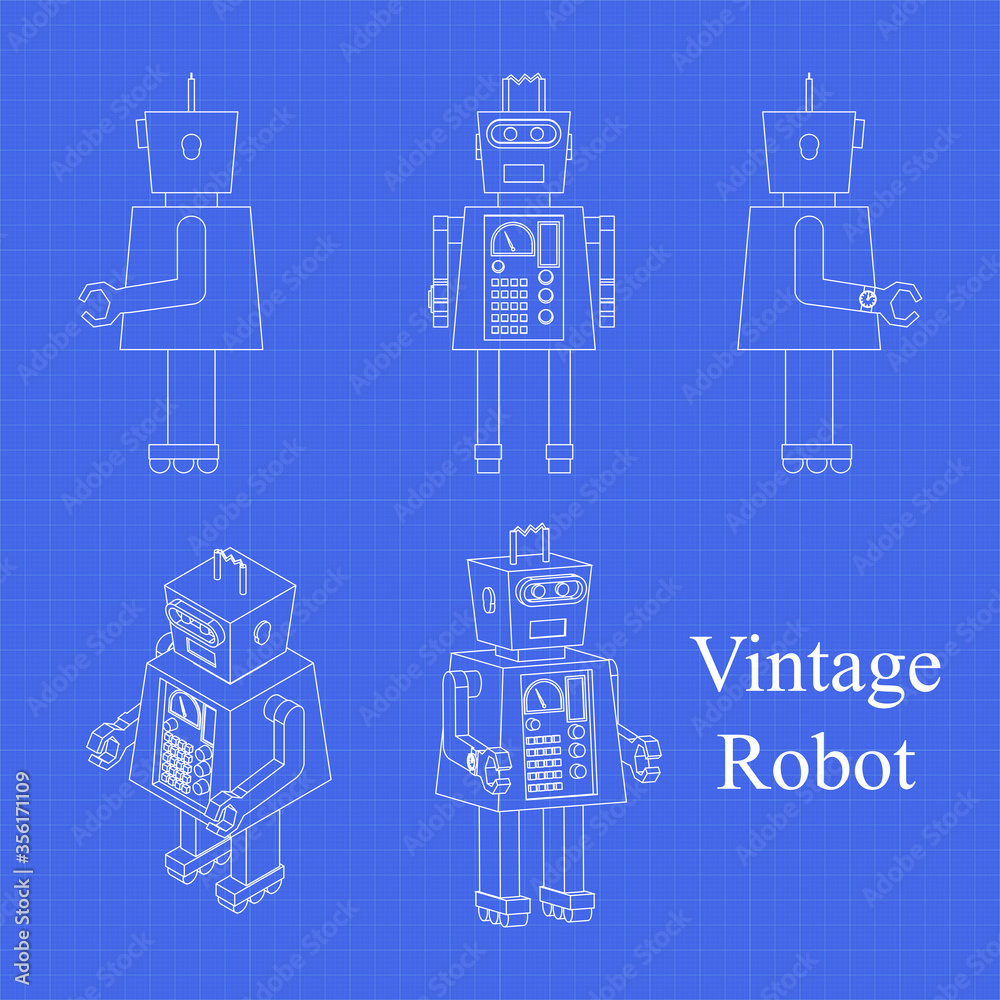 Toy robot blueprint. Toy robot vector set. Vintage technology ...