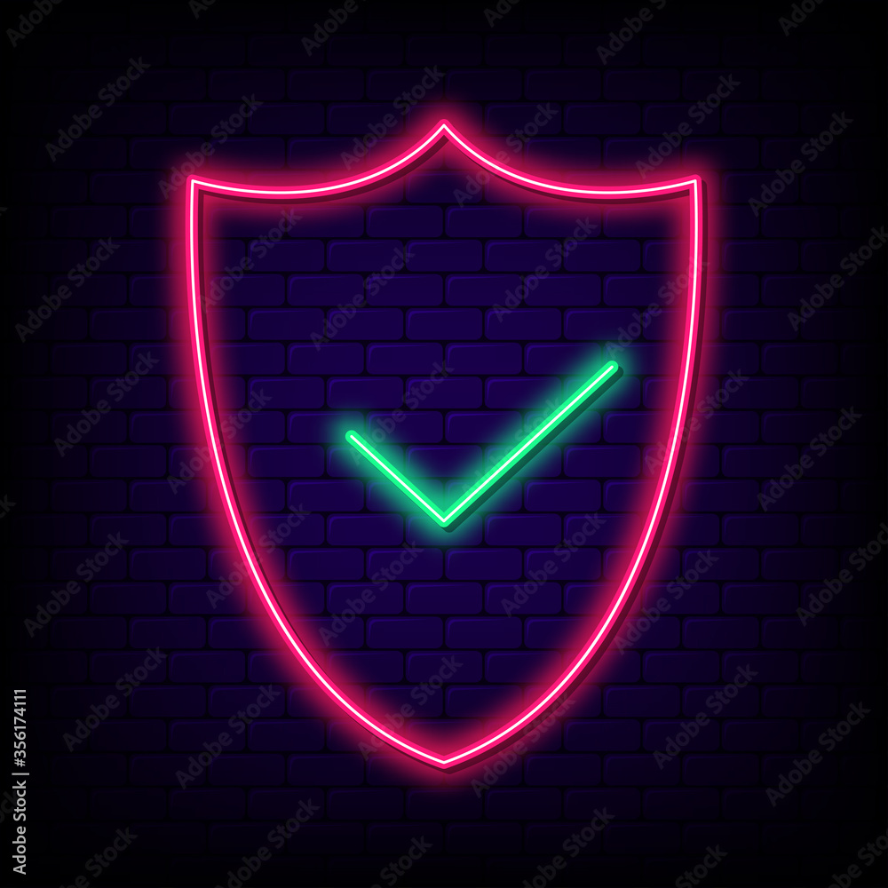 Neon security shield with Check mark. Safety or approve concept with ...