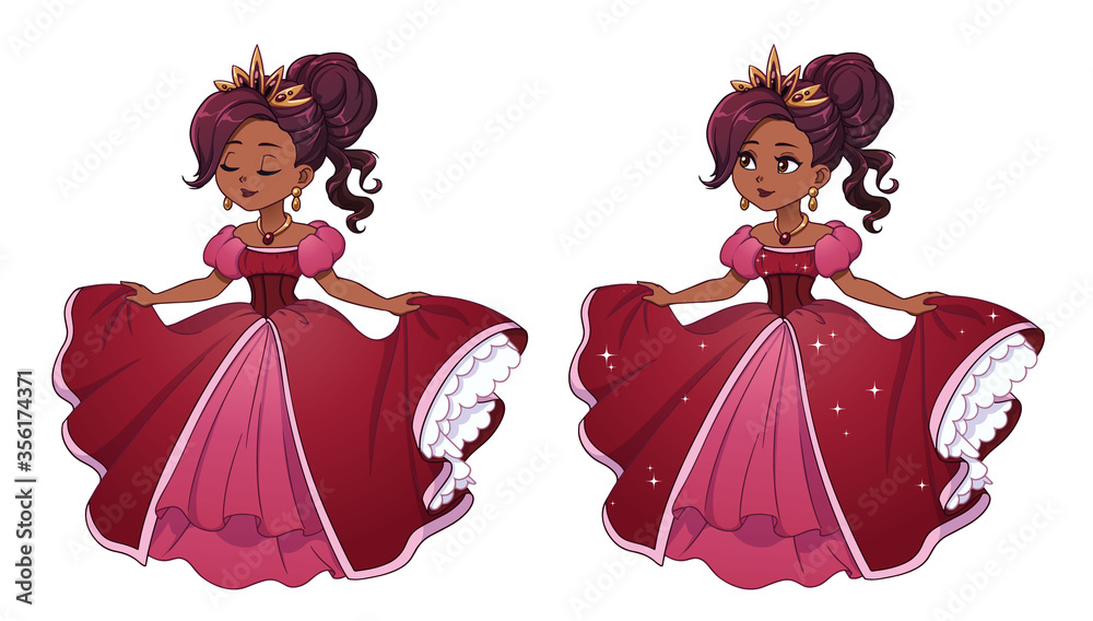 Pretty little princess with dark hair and tan skin wearing red ball ...