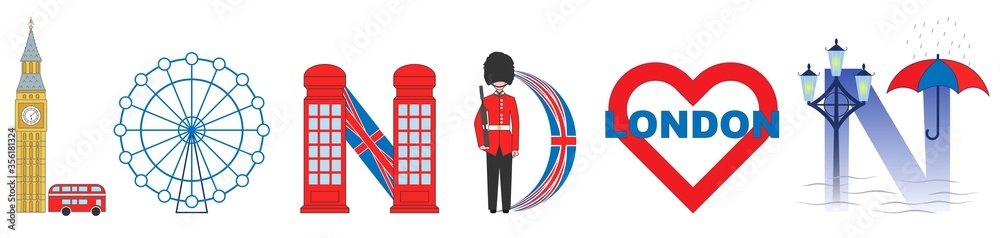 Vector banner of London word with city landmarks and symbols, big ben ...