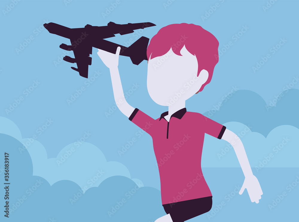 Boy playing with a toy airplane. Young pilot flying an aircraft, child ...