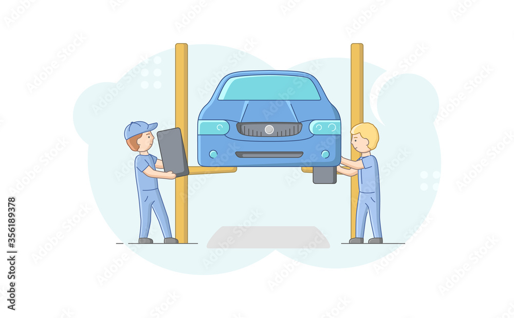 Car Repair Shop Concept. Professional Mechanics In Uniform Changing ...
