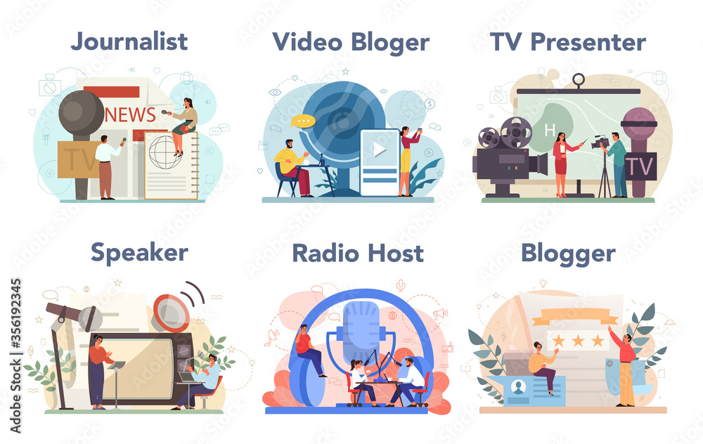 Journalist concept set. Newspaper, internet and radio journalism. TV ...