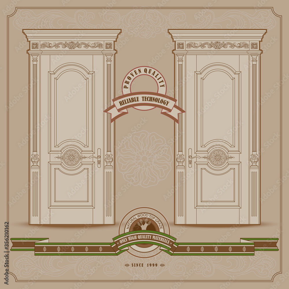 Vector old fashioned drawing of wooden doors with carved cornice ...