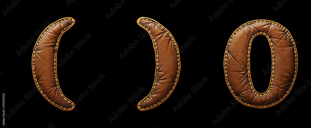 Set of symbols left and right parentheses, number 0 made of leather. 3D ...
