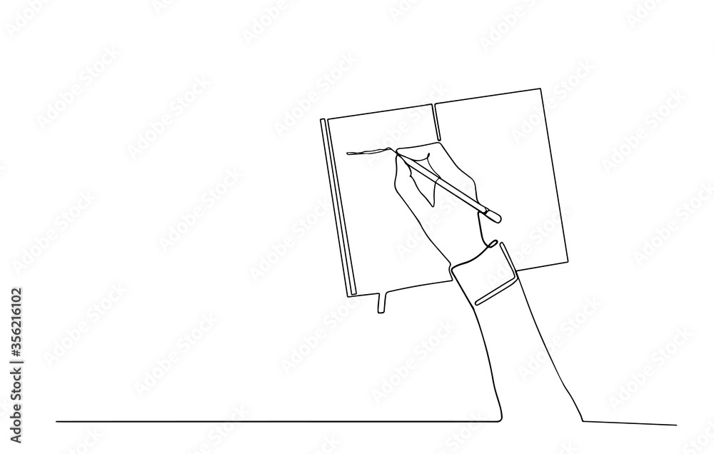 Vector illustration. One hand lies on top of the notebook continuous ...