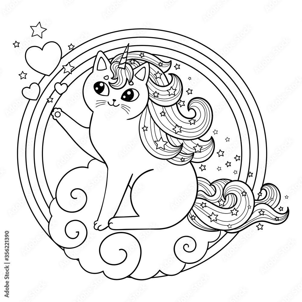Unicorn cat on a cloud in a round frame. Cute kitten with mane and horn ...