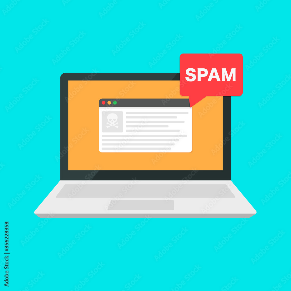 Laptop and document with a skull icon. Virus, malware, email fraud, e ...