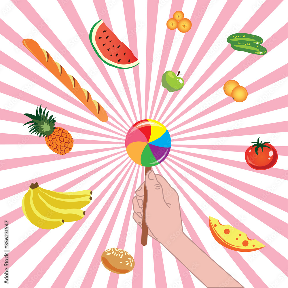 Various food on comic pink and white cartoon vector background Stock ...