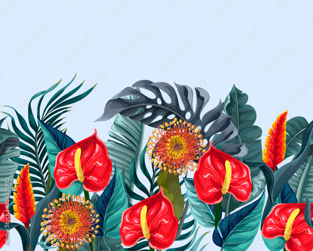 Border with anthuriums and tropical leaves. Vector. Stock Vector ...