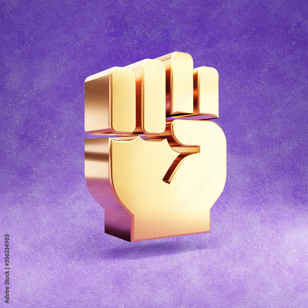 Fist icon. Gold glossy Fist symbol isolated on violet velvet background ...