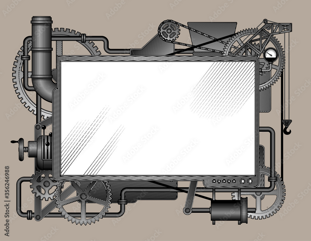 Engraved drawing of a horizontal complex iron fantastic machine-shaped ...