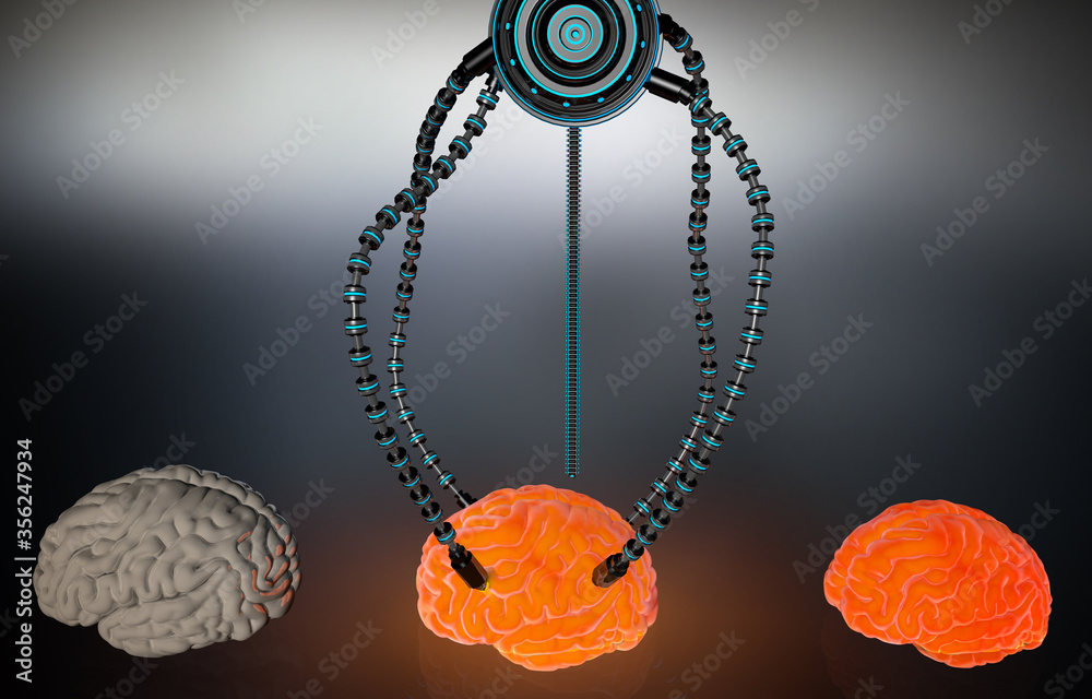 Futuristic robot with tentacles and human brain . Medical concept ...