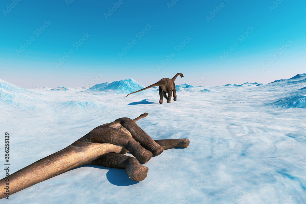 Dinosaur. Prehistoric snow landscape, ice valley with Dinosaurs. Arctic ...
