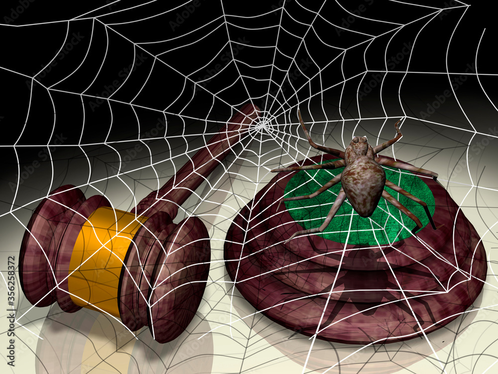 3D rendering. The judicial hammer behind the spider's web. A symbol of ...