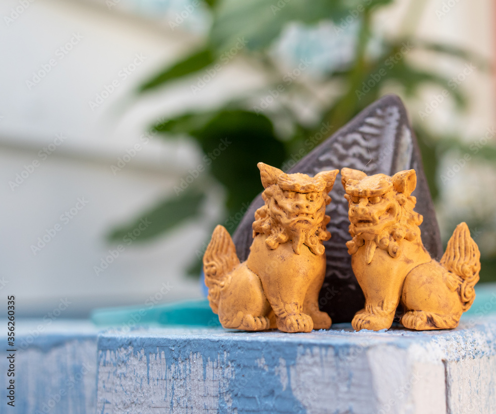 Okinawa Shia with a red hibiscus flower in the background, Ishigaki ...