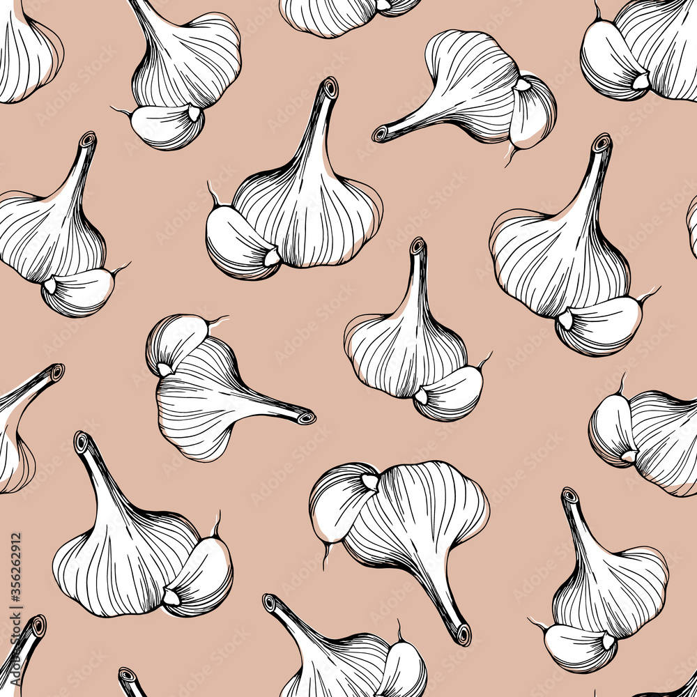 seamless pattern of garlic on a beige background.A simple pattern of ...