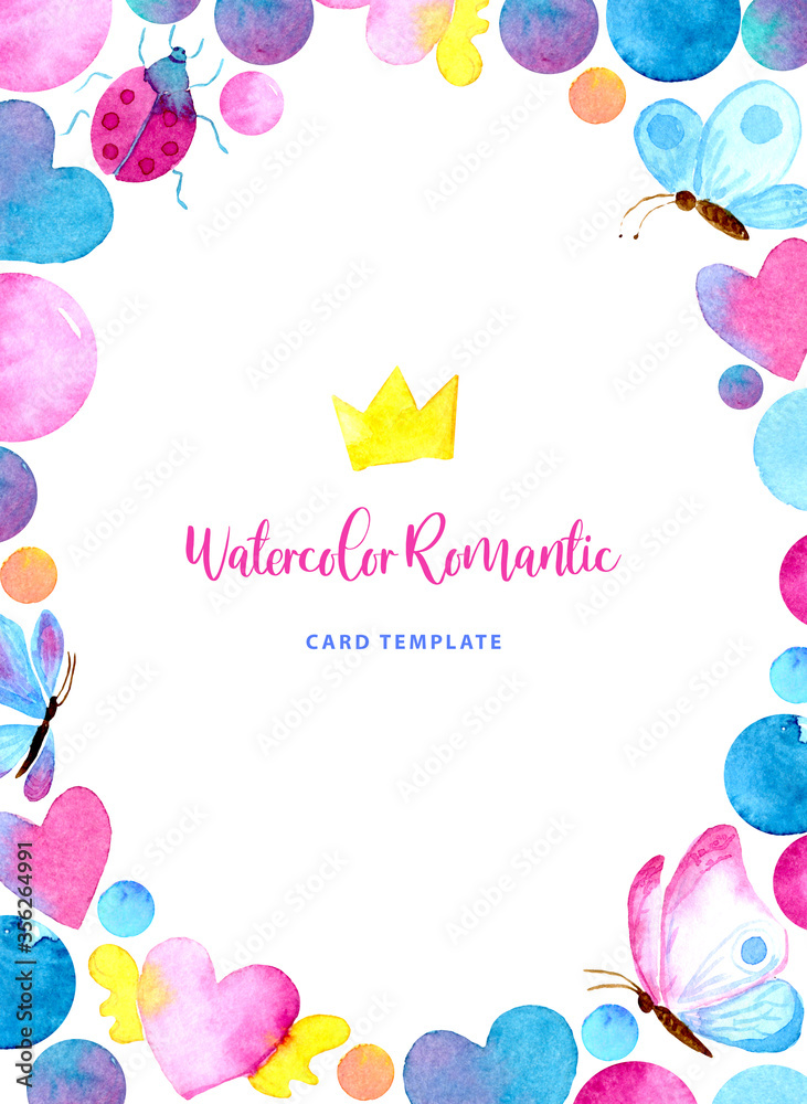 Watercolor card template of color elements. Romantic frame border hand ...