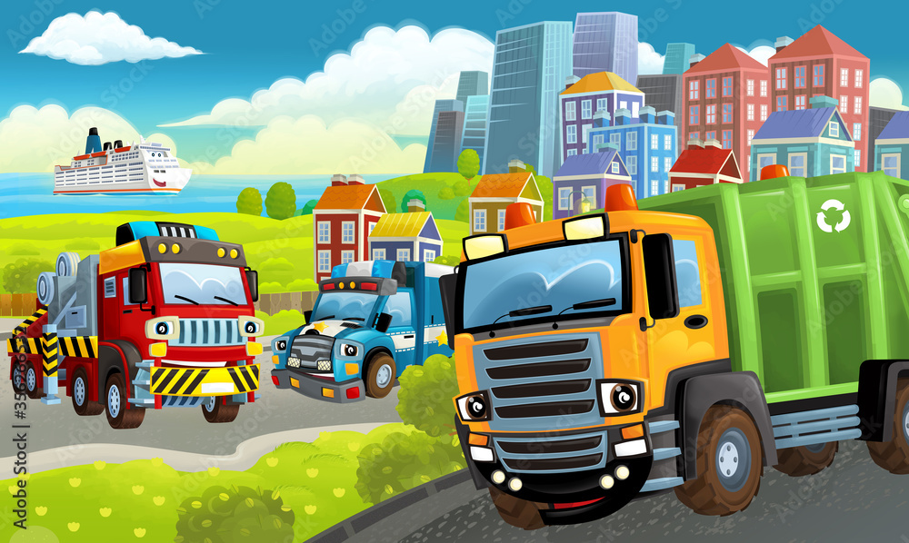 cartoon happy scene with different vehicles and dumper car illustration ...