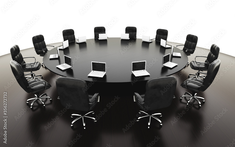 boardroom, meeting room and conference table with notebooks. Business ...
