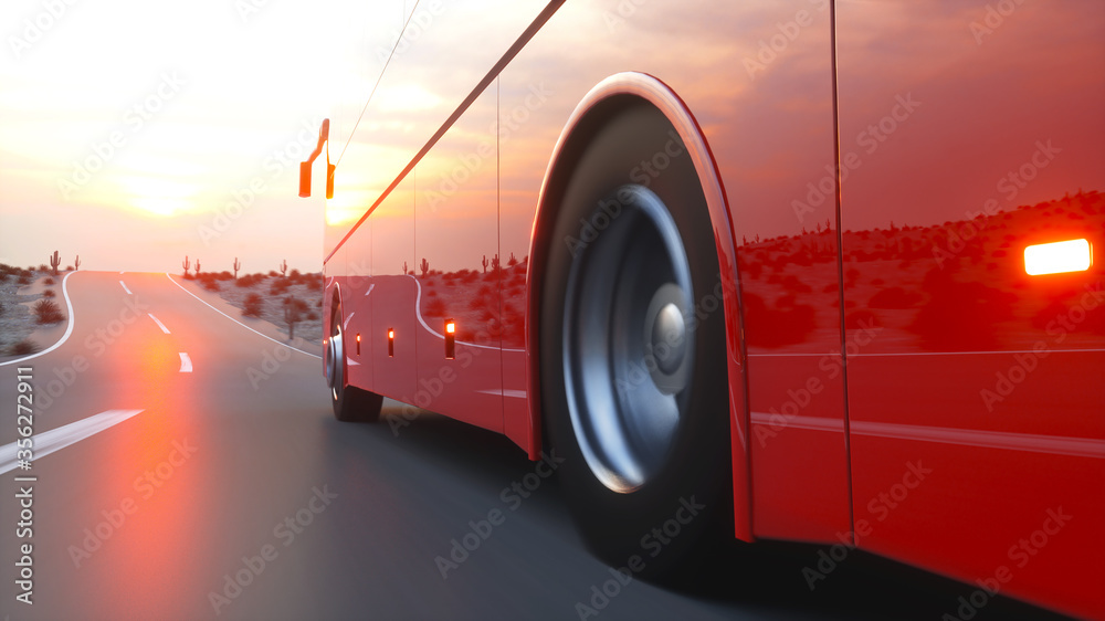 touristic red bus on highway. Fast driving. realistic 3d rendering ...