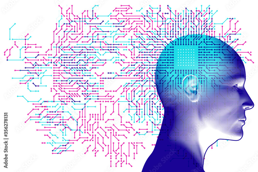 A head side profile overlaid with a computer CPU grid and various sized ...