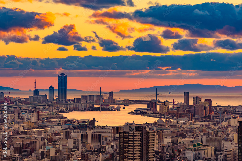 Japan. Osaka. View of Osaka Bay at sunset. Evening panorama of Osaka ...