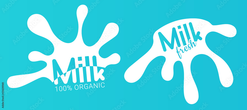 Milk badge and dairy labels with splashes and bolts. Milk badge with ...