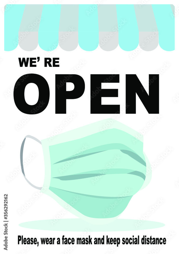 Welcome now open keep social distance and use face mask. Vector.Welcome ...