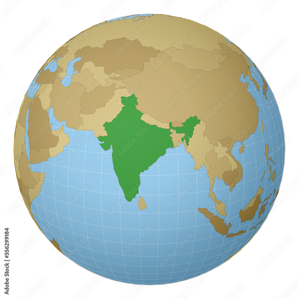 Globe centered to India. Country highlighted with green color on world ...