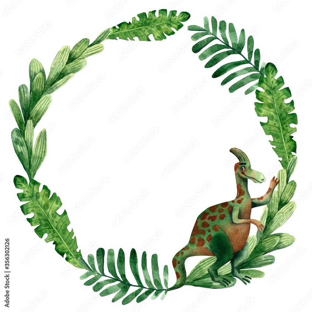 Hand drawn watercolor floral frame. Cute green dinosaur. Children ...