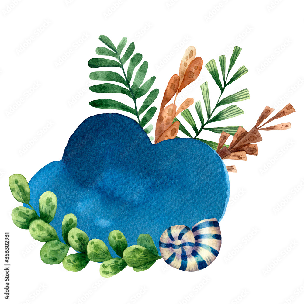 Cute blue watercolor blot texture. Hand drawn squid banner. Jurassic ...