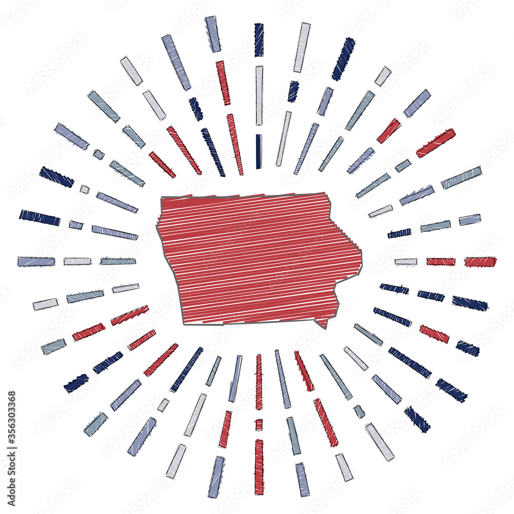 Sketch map of Iowa. Sunburst around the us state in flag colors. Hand ...