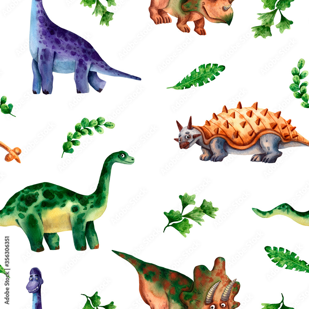 Cute dino colorful pattern. Hand drawn seamless texture. Jurassic Dino ...