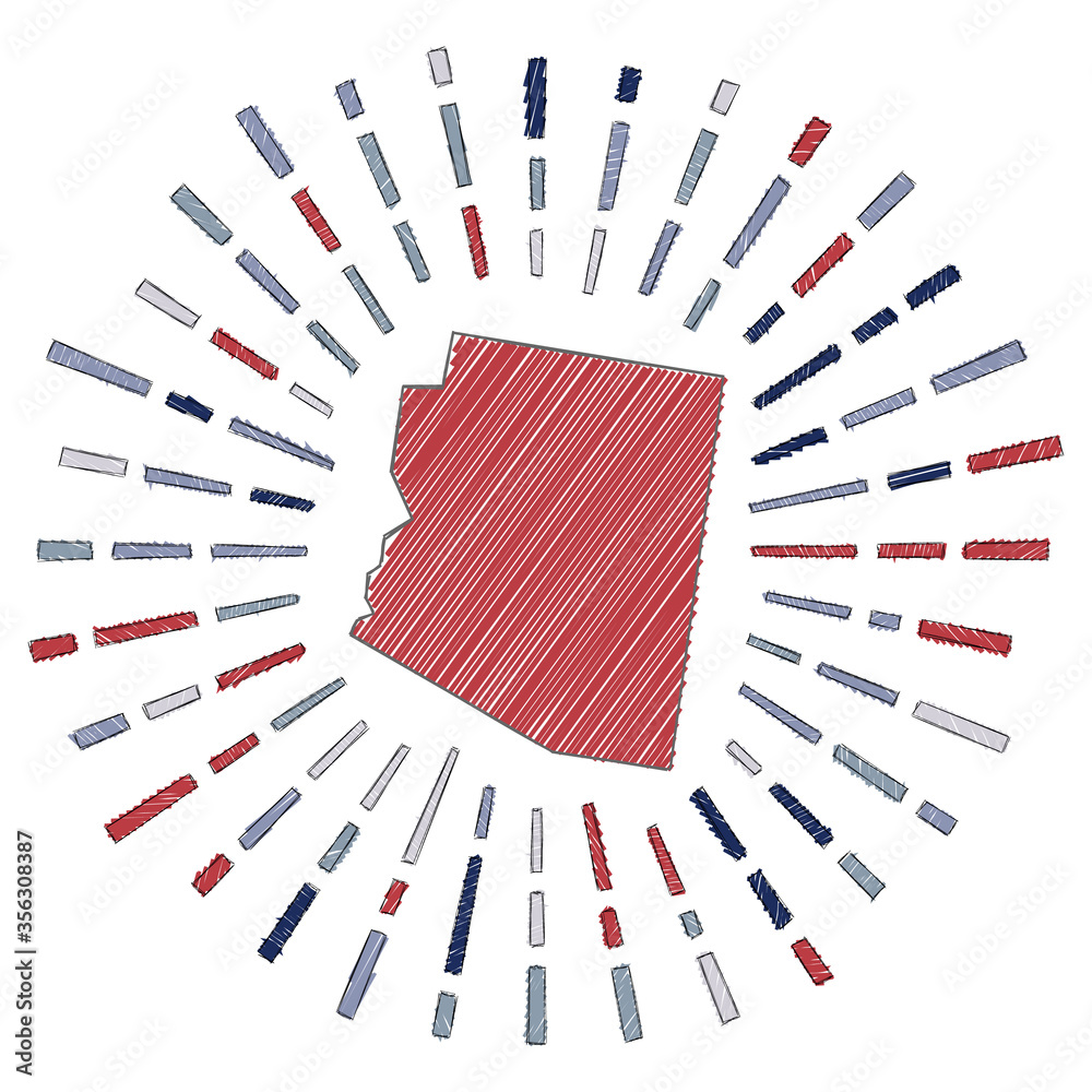 Sketch map of Arizona. Sunburst around the us state in flag colors ...