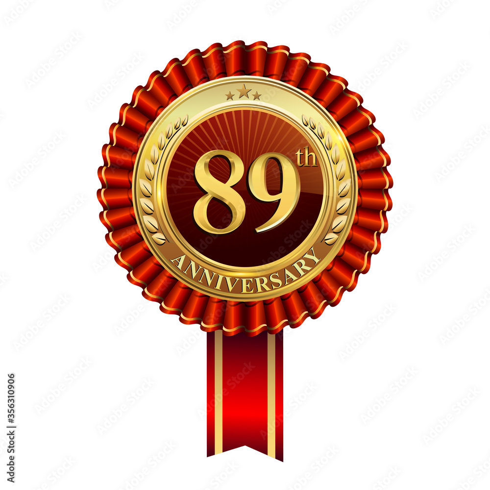 Celebrating 89th anniversary logo, with golden badge and red ribbon ...