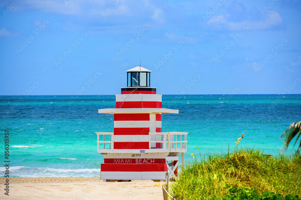 Atlantic Ocean background. Miami South Beach skyline. Lifeguard tower ...