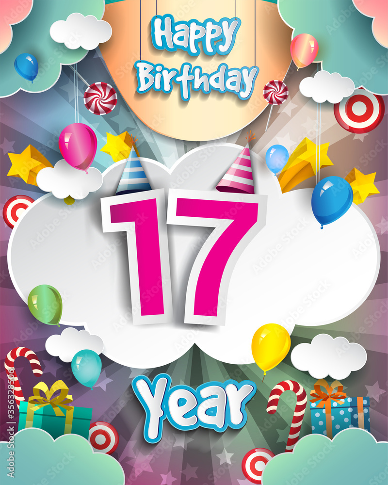17th Birthday Celebration greeting card Design, with clouds and ...