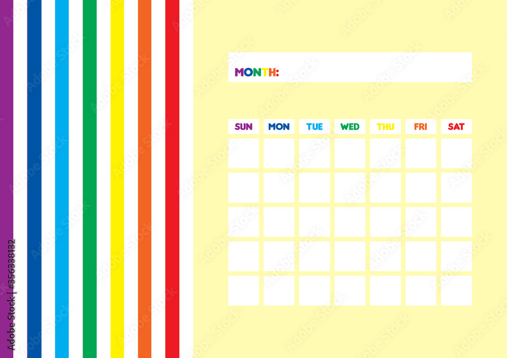 Printable Blank Monthly Rainbow Calendar Sunday Start Stock ...