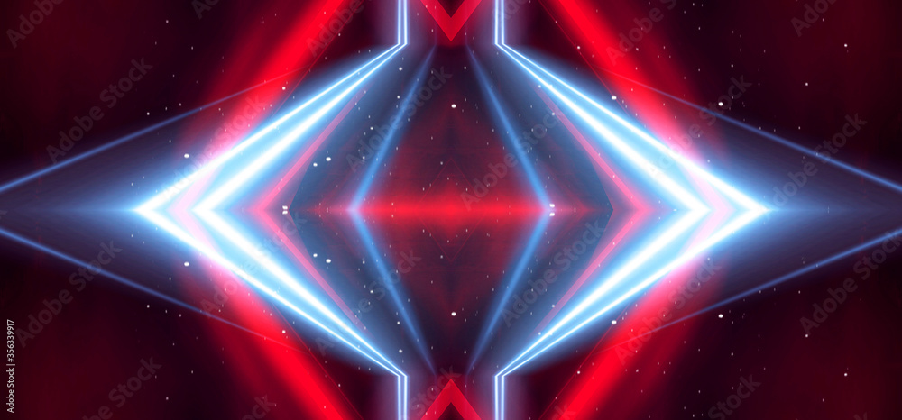 Abstract dark background, red neon light. Rays and lines in symmetrical ...