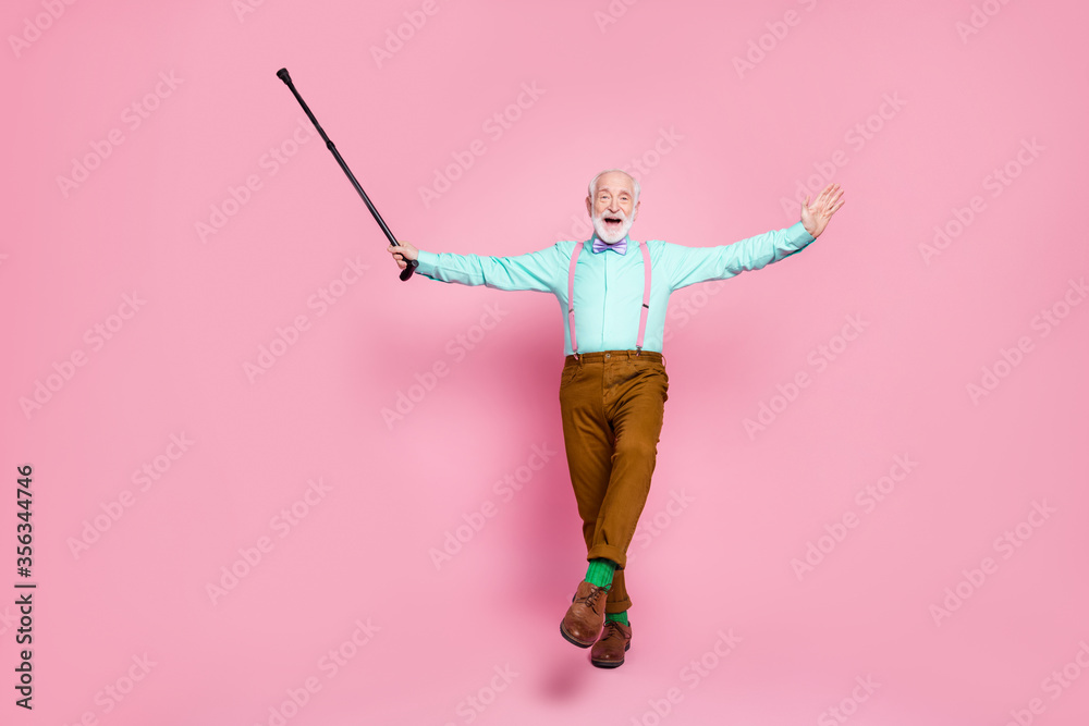 Full body photo of active grandpa moving dance senior party raise up ...