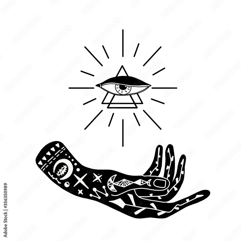 Vector illustration of hand with tattoos, an alchemy symbol with a ...