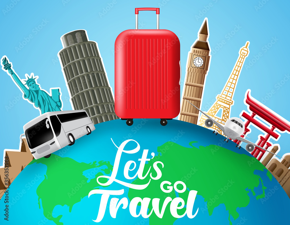 Lets go travel vector concept design. Lets go travel text in globe with travelling ...