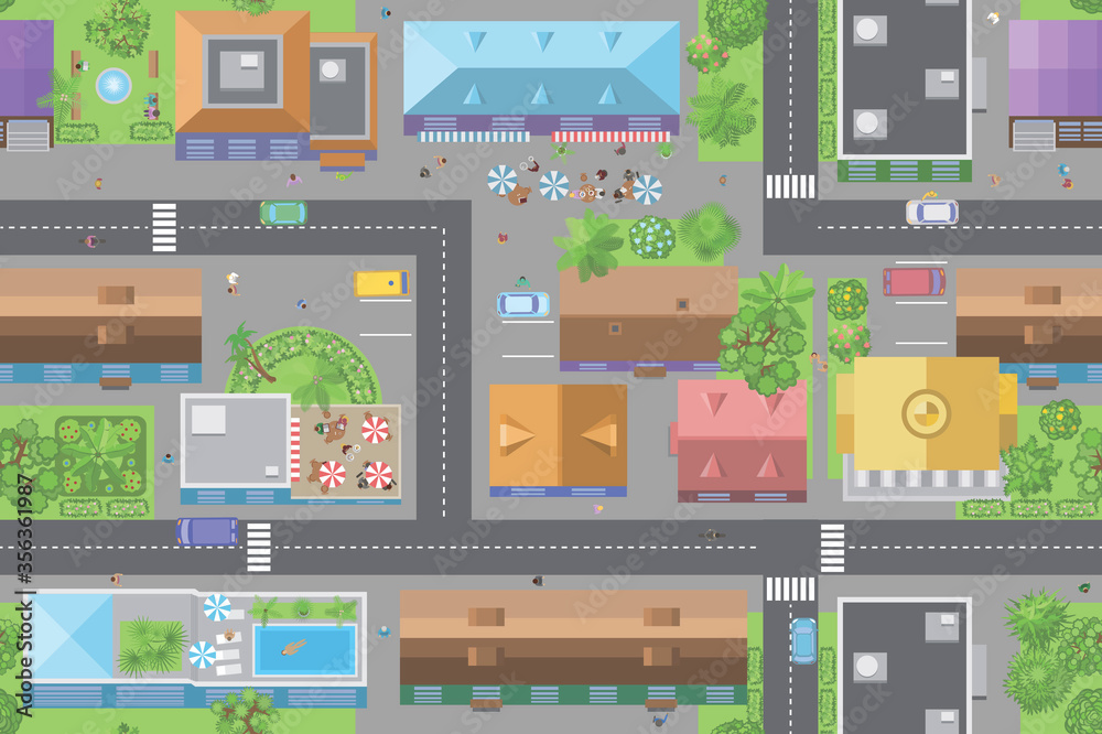 Seamless pattern of the urban landscape. (top view) Vector illustration ...