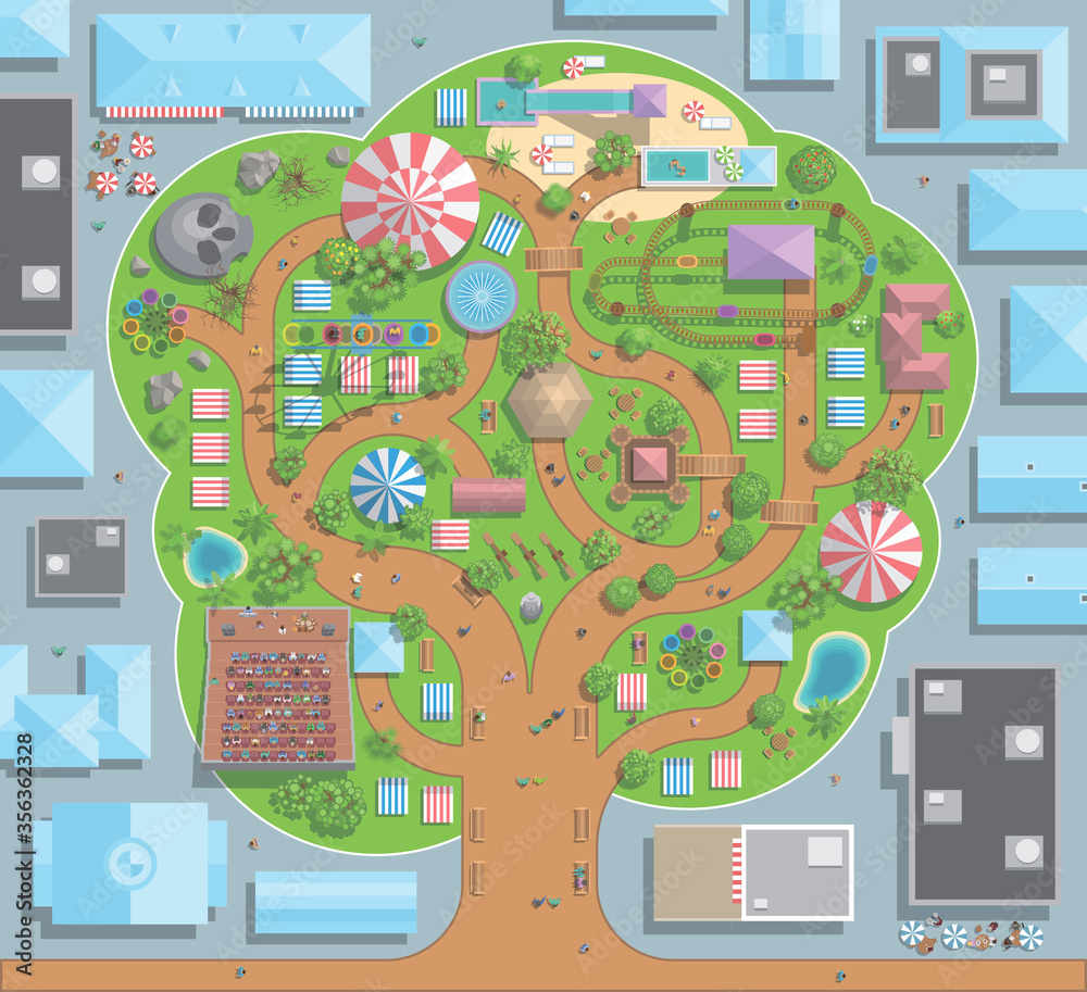 Vector illustration. Amusement park in the form of a tree. (Top view ...