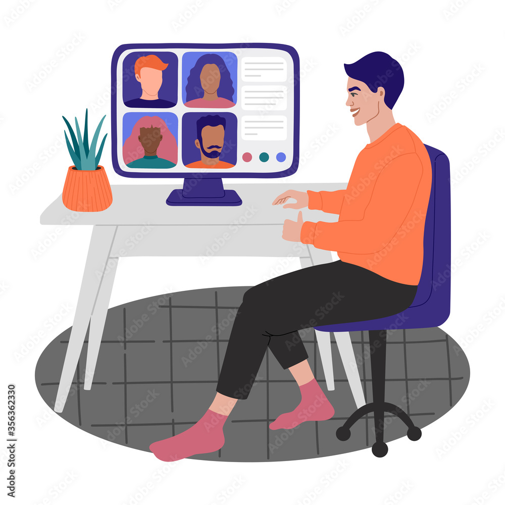 Online video conference, colleagues meeting from home, computer screen ...