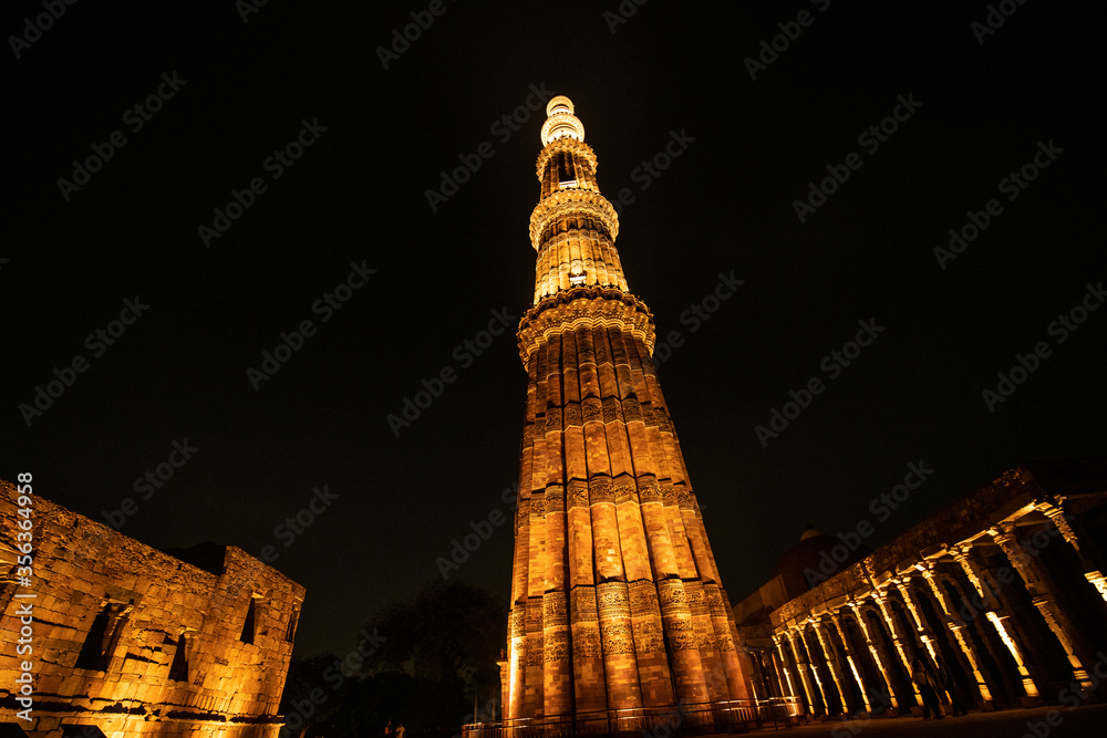Illuminated Qutub Minar at Night, Delhi, India Stock Photo | Adobe Stock