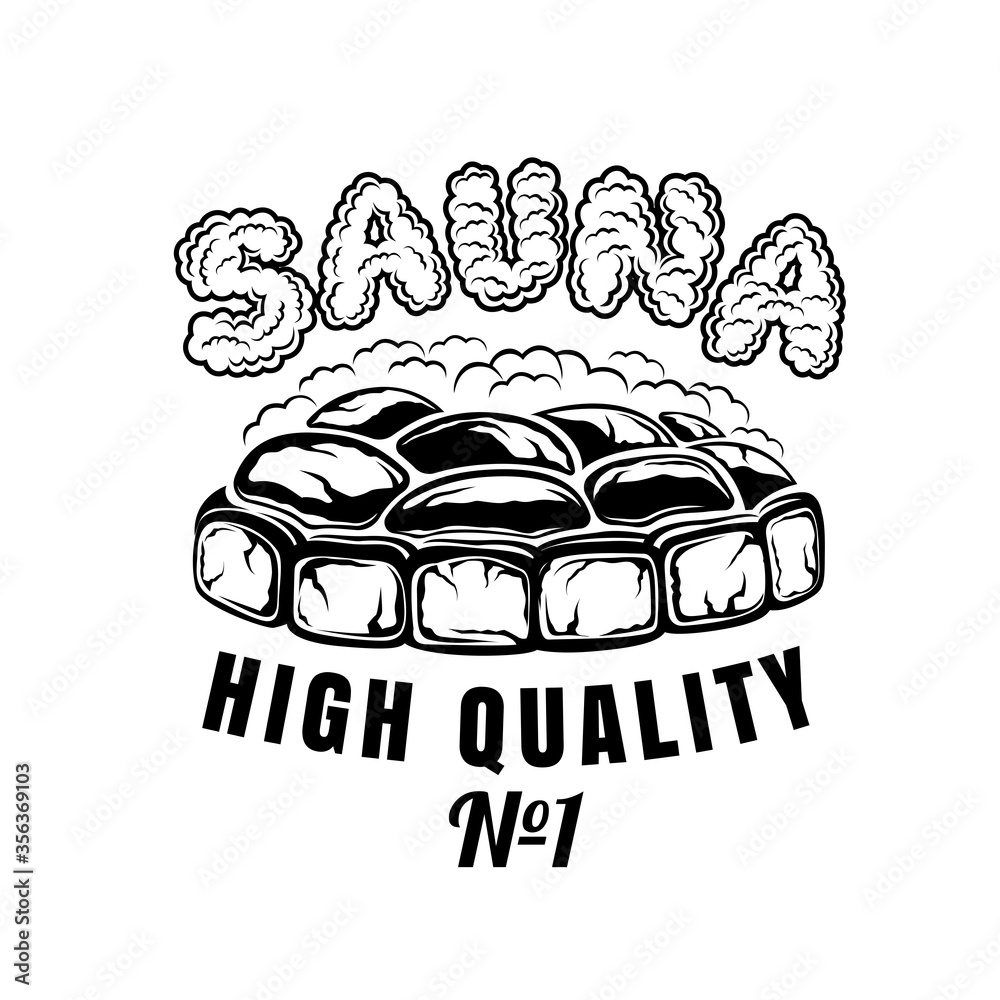 Label for sauna, banya or bathhouse. Fireplace with hot stones. Word ...