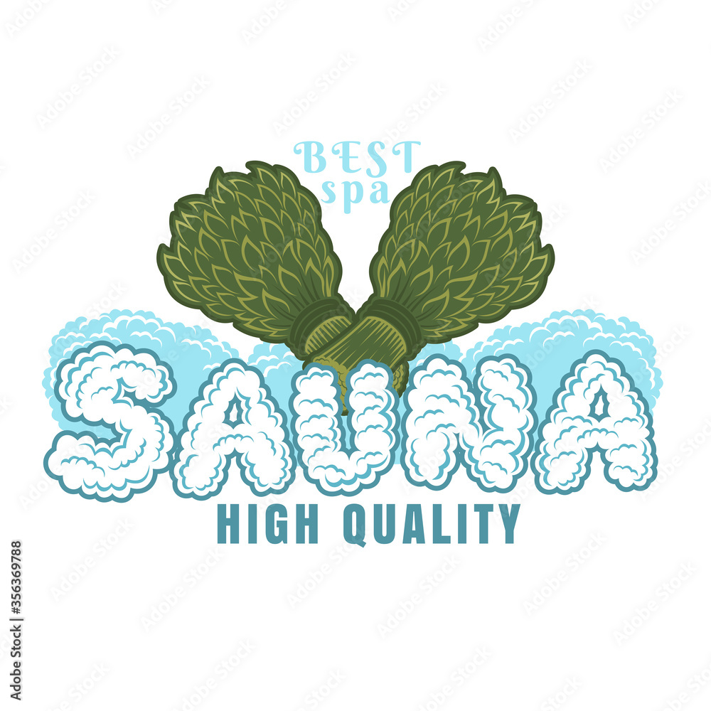 Label for sauna, banya or bathhouse. Two crossed besoms. Word sauna ...