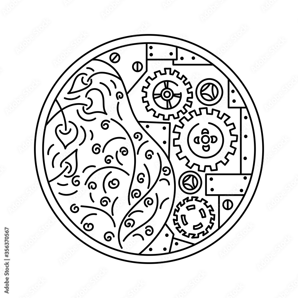 Technique and nature. Steampunk. Illustration of a round Hand-drawing ...